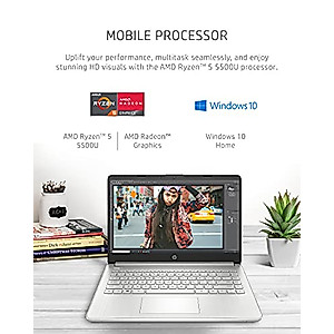 HP 14 Laptop, AMD Ryzen 5 5500U, 8 GB RAM, 256 GB SSD Storage, 14-inch Full HD Display, Windows 10 Home, Thin & Portable, Micro-edge & Anti-glare Screen, Long Battery Life (14-fq1021nr, 2021)