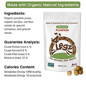 4Legz Organic Pumpkin Vegan Dog Treats from Low Fat & Crunchy Natural Snack Biscuits for Dogs Small, Medium & Large - Made in USA Products Only (7 Ounce, Pack of 1)