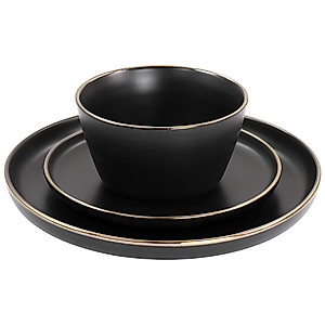 Elama Paul 16 Piece Stoneware Dinnerware Set in Matt Black with Gold Rim, Matte Black, 16 Piece Set (Arthur Paul Louis Set)