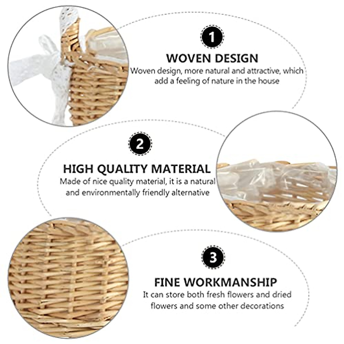 DOITOOL Wicker Rattan Flower Basket with Handle and Lace Bow, Wedding Flower Girl Baskets, Petal Basket Decorative Picnic Basket Woven Candy Storage Basket for Home Garden Decor, 7.5X5.9X5.9