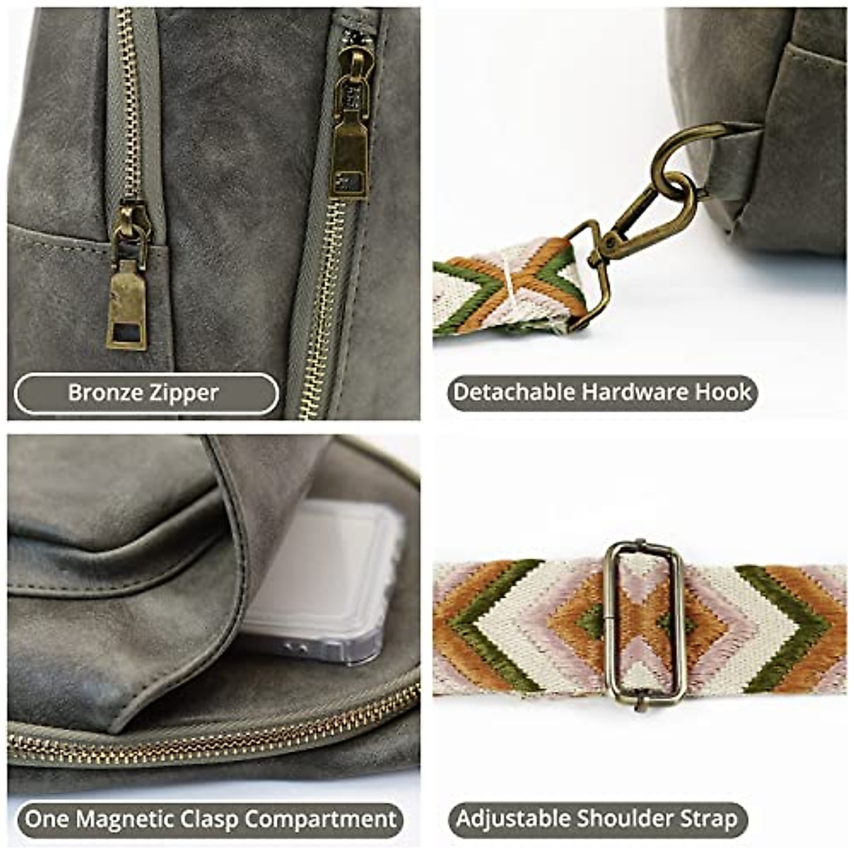 Flovey Sling Bag for Women Small PU Leather Crossbody Fanny Packs with Jacquard Wide Strap Hiking Cycling Travel Daypack