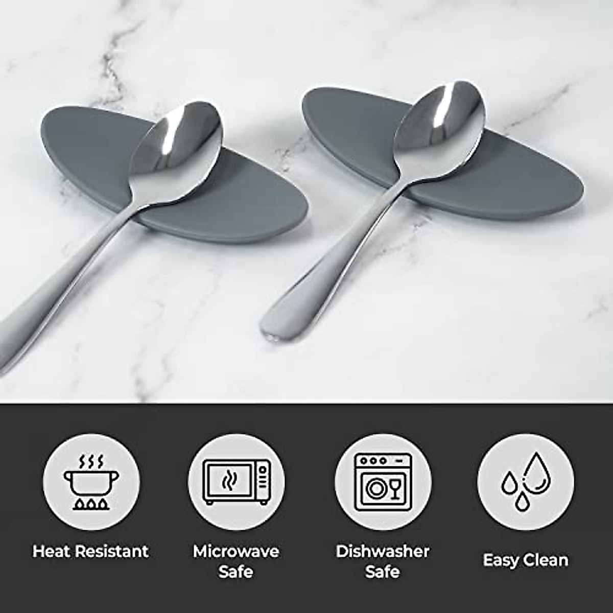 Carrotez Small Silicone Coffee Spoon Rest 2 pcs (0.2" x 1.6" x 3.74"), Spoon Holder Flexible almond-Shaped for Next to Coffee Maker - Kitchen Utensil Rest, Deep Grey