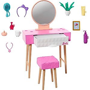 Barbie Furniture & Accessories Set, Doll House Décor, 10+ Pieces for Vanity Including Stand with Mirror, Stool, Beauty Products & More