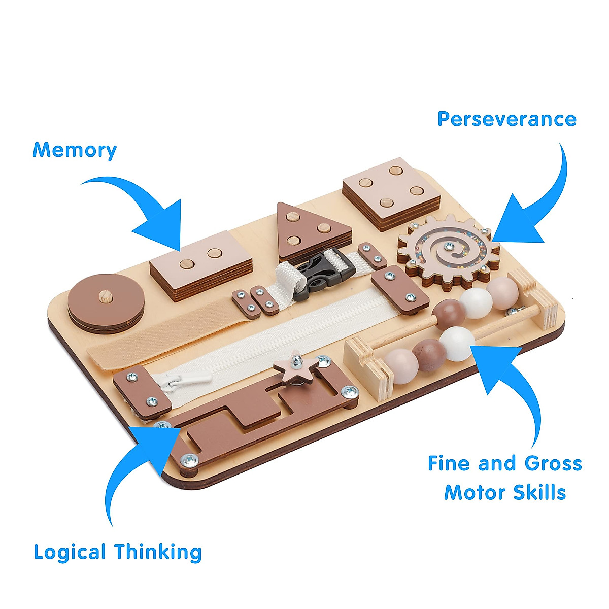 EvoKids Wooden Sorting Stacking Toy Busy Board for Toddlers 3 – Zipper, Buckle in Handmade Activity Board – Plane Car Travel Sensory Montessori Developmental Educational Toys for Boy Girl