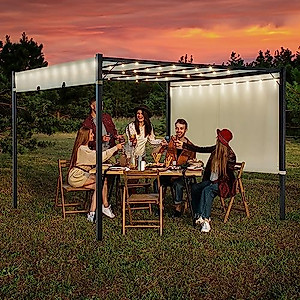 10 x 10 ft Pergola, Outdoor Pergola with Retractable Sun Shade Canopy and 60 Solar String Lights, Patio Metal Gazebo for BBQ, Party, Wedding, Patio, Backyard, Deck, Garden Beige