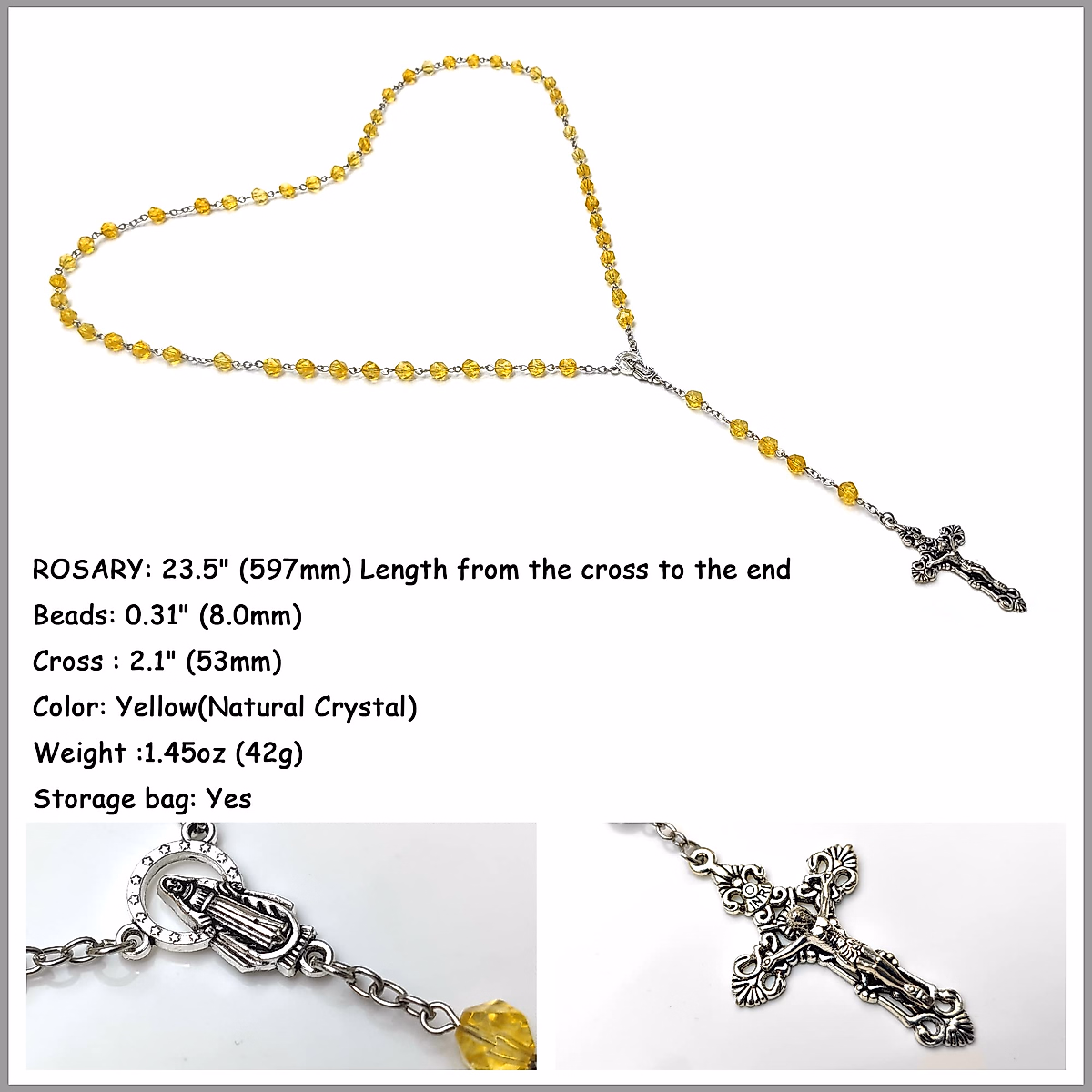 GeekTenet Rosary Beads Chaplet Yellow Rhombus Natural Crystal Rosery Cross Catholic gifts (Yellow)