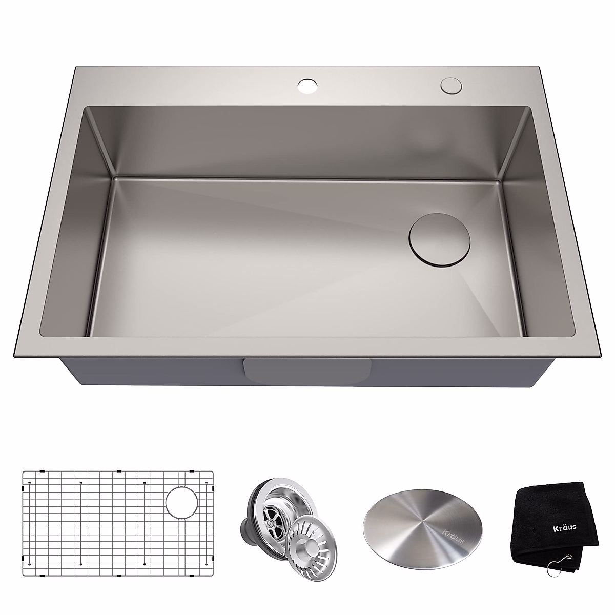KRAUS 33 x 22 inch Drop-In Top Mount Standart PRO Single Bowl 2-Hole Stainless Steel Kitchen Sink Set (5 Item Bundle: Sink, Bottom Grid, Drain Assembly, Drain Cap, Kitchen Towel), KHT410-33