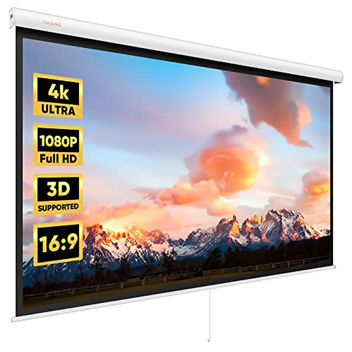 100'' HD Photon Projector Screen 16:9 - Auto-Locking Projection Screen for 4K 3D 1080P HD, ROCK4D Manual Projector Screen Pull Down for Home Cinema Theater Office Education Outdoor Indoor Movies