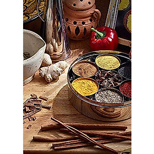 ARTISENIA Mother's Day Gifts Stainless Steel Spice Container Masala Box 7 Containers and 2 Small Spoon Masala Box Indian Masala Dabba With Size 9 X 9 Inches
