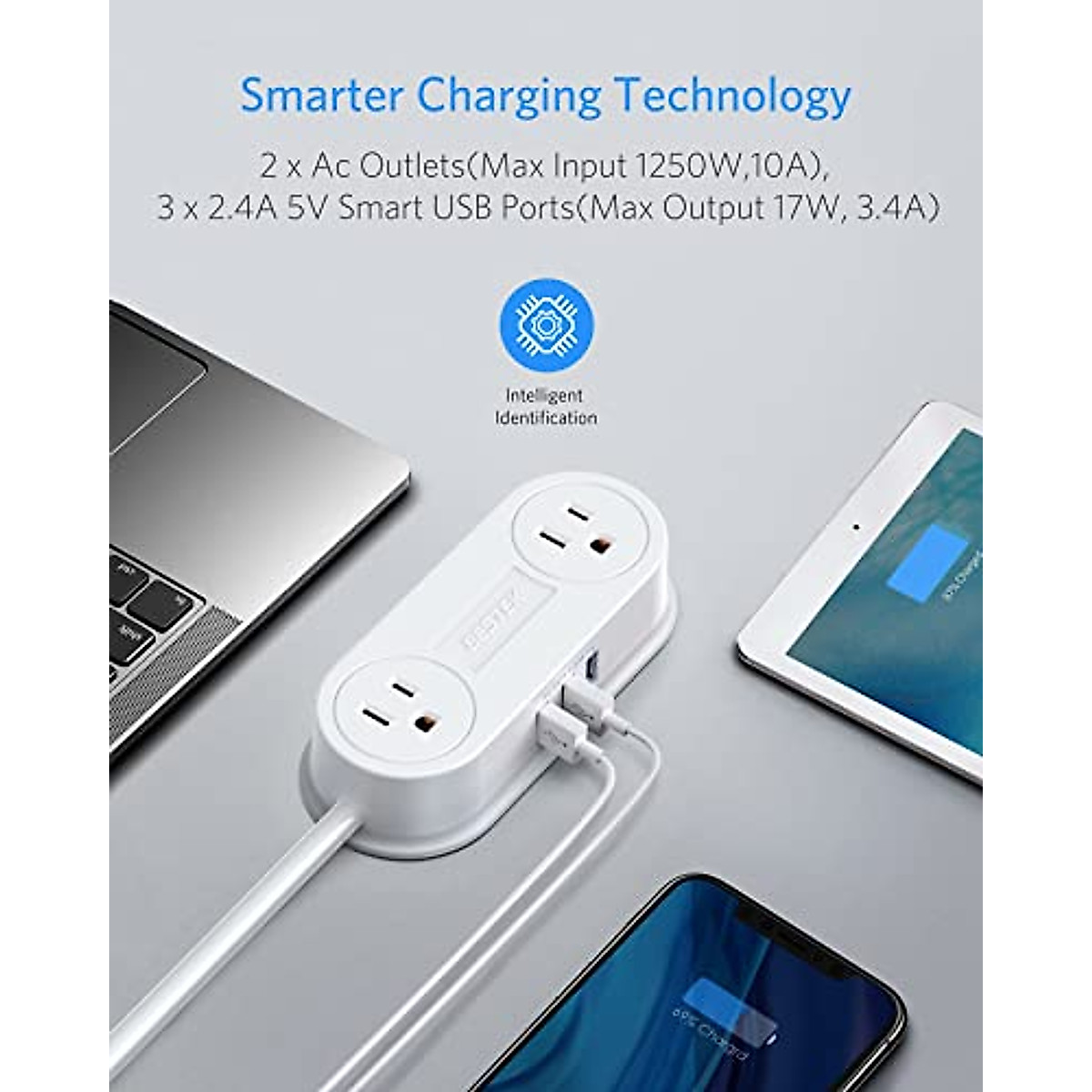 Small Power Strip with 3 USB Ports, BESTEK 2 Outlet Portable Plug Strip Charging Station with Adhesive Sticker, 5 Ft Extension Cord, Ultra-Compact for Cruise Ships, Dorm Room,Travel, Bedside, Office