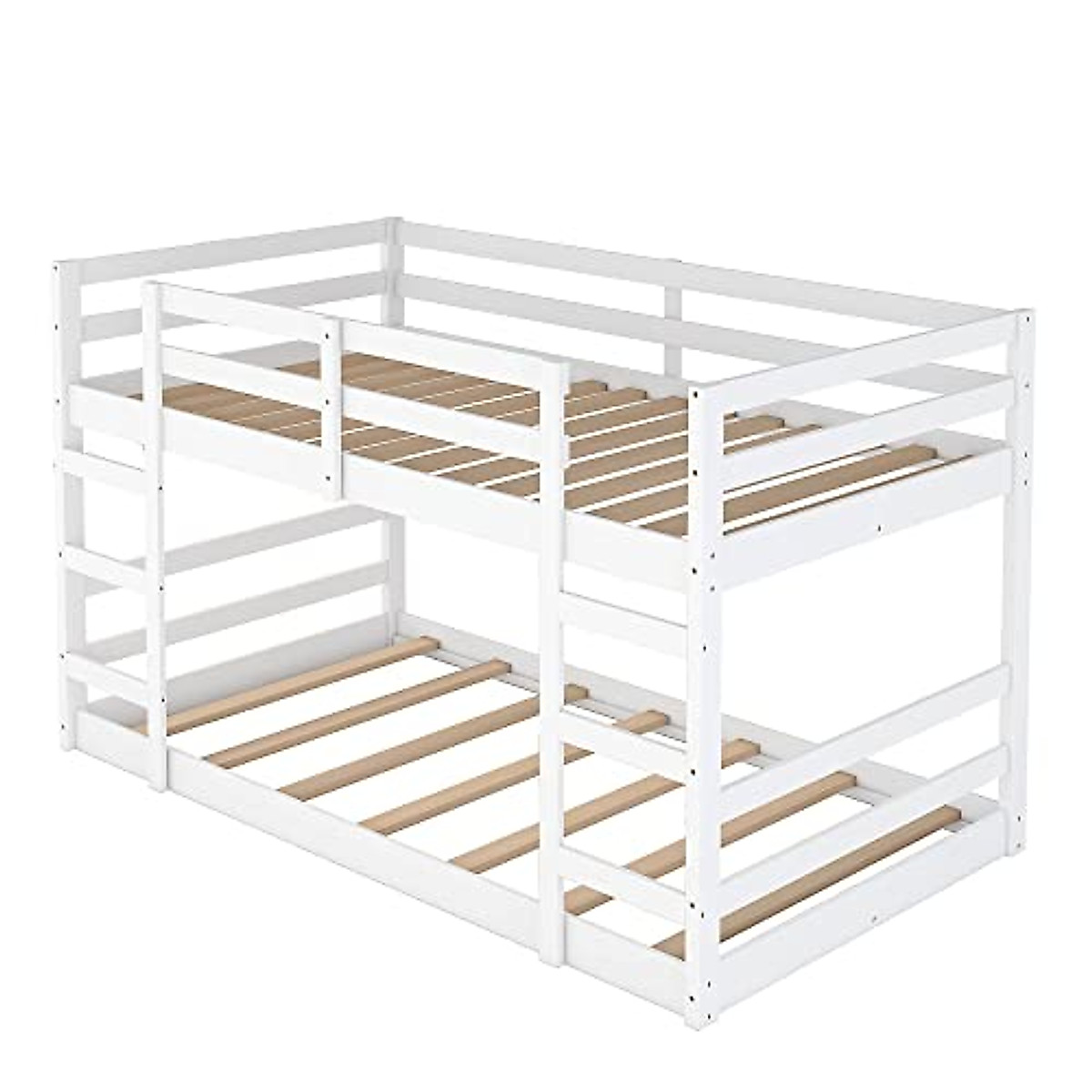 Harper & Bright Designs Twin Over Twin Bunk Bed for Kids, Low Bunk Bed with Ladder and Safety Guard Rails, Solid Wood Bunk Bed Frame. No Box Spring Needed (White)