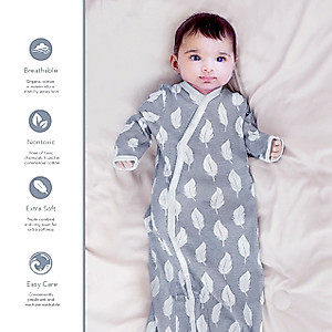 Cambria Baby 100% Organic Kimono Gowns. Side Snaps with Built in Mitts. (0-6 Months, Feathers and Forest Animals)
