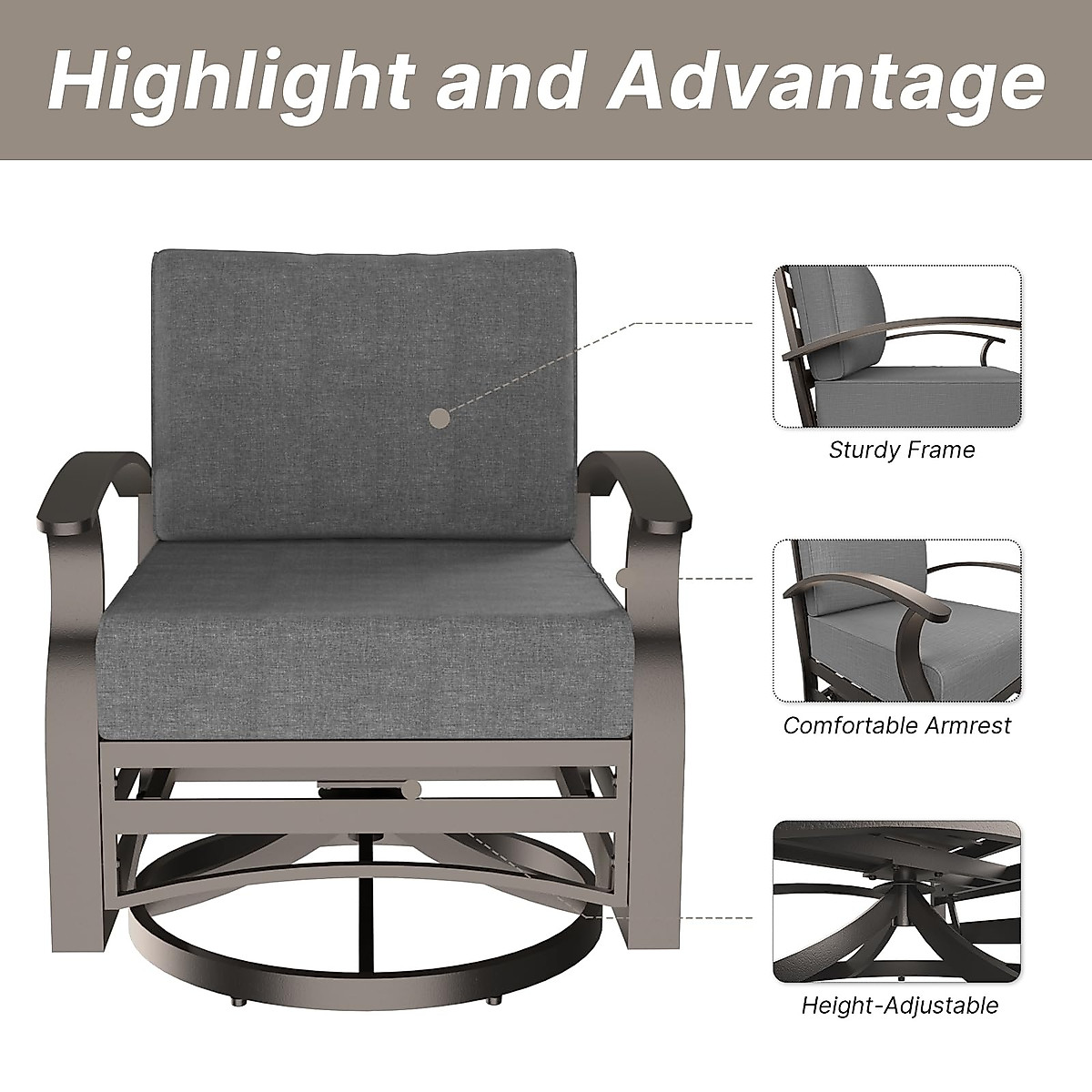 Gotland 5 Seats Outdoor Metal Patio Furniture Set with 2 Swivel Rocking Chairs&55,000 BTU Gas Fire Pit Table w/Glass Wind Guard Patio Conversation Sectional Sofa Sets-Grey