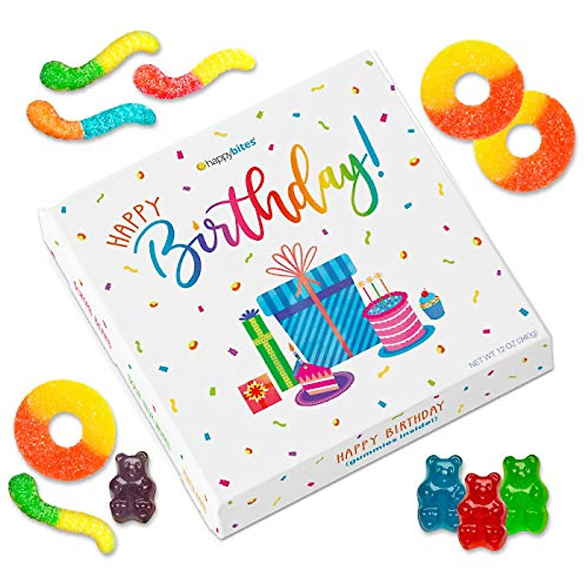 Happy Bites Happy Birthday Gummi Candy Gift Box with Gummi Bears, Sour Neon Gummi Worms, & Peach Gummi Rings - Gluten Free, Fat Free, Dairy Free