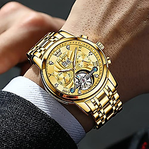 OLEVS Mens Automatic Mechanical Watch Gold Stainless Steel Skeleton Tourbillon Self Winding Luxury Business Dress Date Diamond Wrist Watches Waterproof Luminous