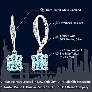 Gem Stone King 925 Sterling Silver Sky Blue Topaz and White Diamond Earrings For Women (3.71 Cttw, Gemstone November Birthstone, Cushion 7MM)