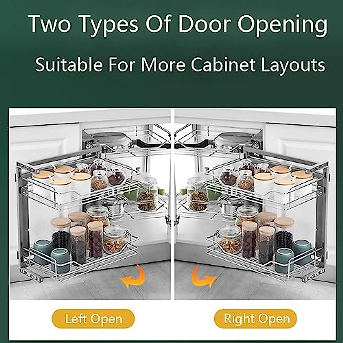 YEKIM Stainless Steel Shelving, Blind Corner Cabinet Pull Out 15" Opening, 2 4 Tier Baskets Concealed Roller Slide Out Shelf, Corner Basket Drawer,Right