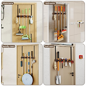 Rasdwt Broom Holder Over the Door, Wood Broom and Mop Rack, Over the Door Broom Holder, Drilling-Free Mop and Broom Holder with 2 Hooks for Garage, Laundry Room Broom Hanger and Storage Tool, Brown