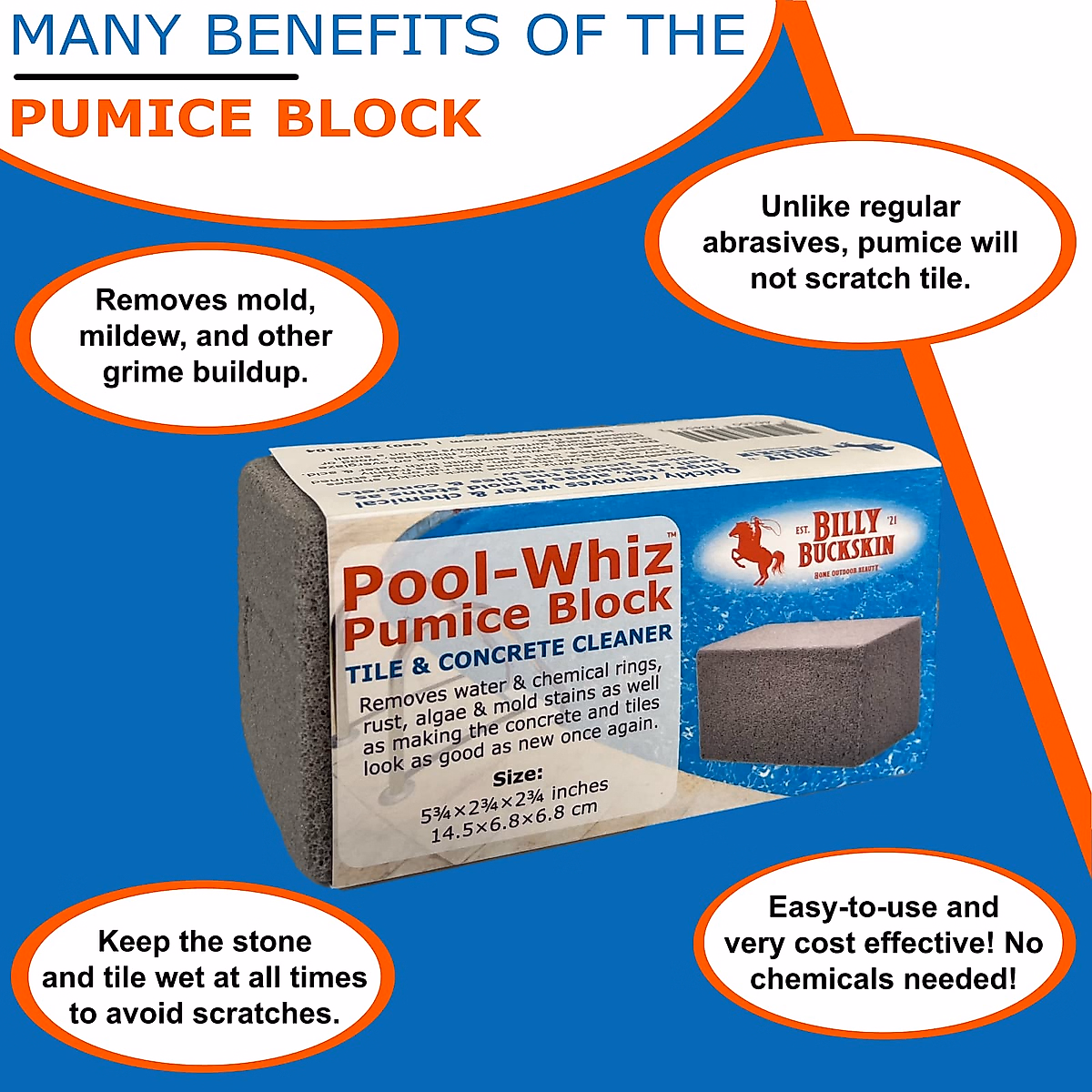 Pool-Whiz Pumice Block Pool Tile & Concrete Cleaner Pumice Stone for Cleaning Pools Spas & Water Features Pool & Spa Cleaner Pumice Block for Rust, Stains Build Up by Billy Buckskin Co. Pack of 2
