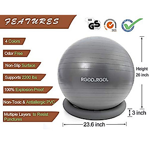 RGGD&RGGL Exercise Ball Chair(55-75cm), Extra Thick Yoga Ball with Stability Ring, Workout Guide,Anti-Burst Balance Ball for Workout and Fitness (Sliver, 55cm)