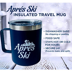 Apres Ski Travel Mug for Skiers - Leak Proof Insulated Coffee Mug with Handle & Lid - Gift for Skiers