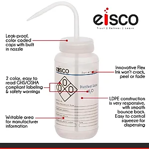 EISCO Wash Bottle for Distilled Water, 500ml - Labeled with Color Coded Chemical & Safety Information (2 Color) - Wide Mouth, Self Venting, Low Density Polyethylene Labs