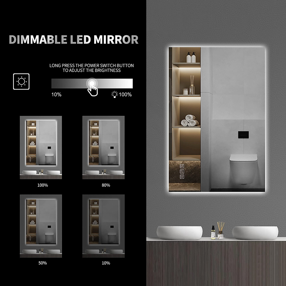 KEECKA 24x36 Inch LED Bathroom Mirror with Lights,Backlit, Anti-Fog Wall Mounted Dimmable Lighted Bathroom Mirror,3-Color Warm/Natural/White High(Vertical & Horizontal)