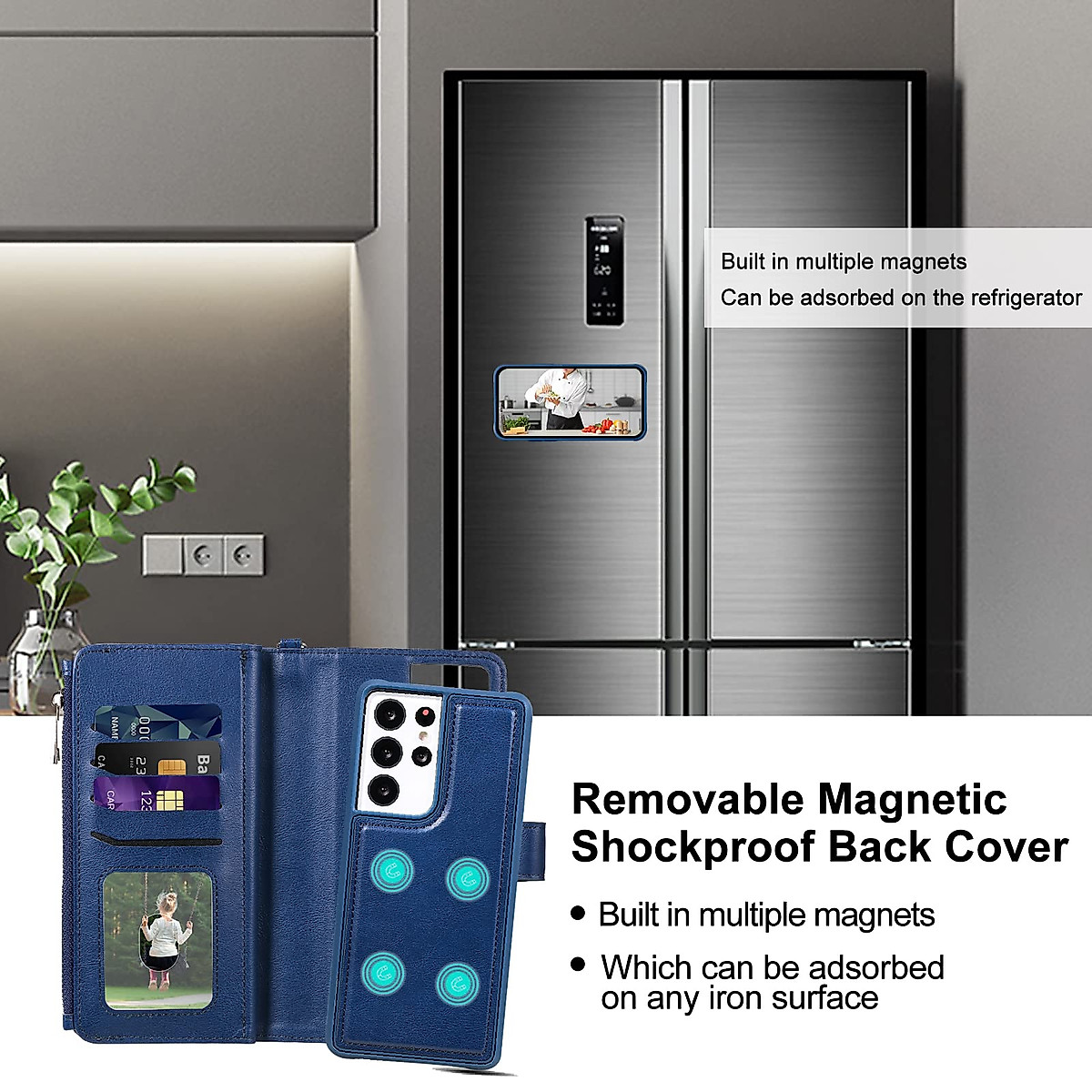 JZASES Case for Galaxy S21 Ultra, 2 in 1 Magnetic Detachable Wallet Case, PU Leather Phone Case Cover with Card Holder for Samsung Galaxy S21 Ultra, Blue