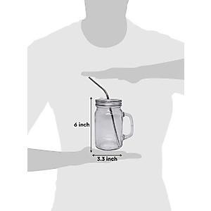 Home Suave 20oz Mason Jar Mug with Handle, Regular Mouth, Lid with Reusable Stainless Steel Straw, Silver, Kitchen Glass 20 oz Jars, Dishwasher Safe