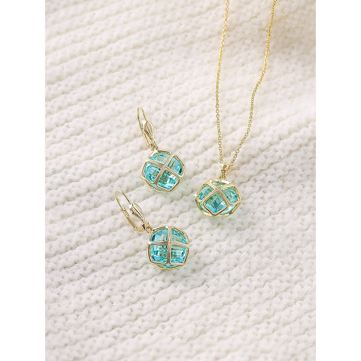 Qinpan 14MM Crystal Pendant Drop Dangle Necklace Earrings Set for Women Glod Plated Costume Jewelry Sets, 38*17.8mm, Yellow Gold, crystal