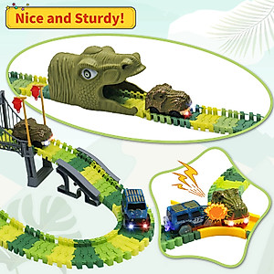 IQKidz Dinosaur World Race Track Toys - 216pcs Flexible Track Playset with 1 Dinosaur Car, 1 Race Car, 6 Dino Toys, for Kids 3 4 5 6 Year & Up Old (Boys and Girls)
