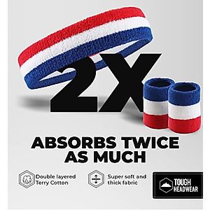 Sports Sweatband Headband Wristband Set - Terry Cloth Headbands for Men & Women, Head & Wrist Sweat Bands for Tennis, Sports, Basketball, Gym, Exercise - USA