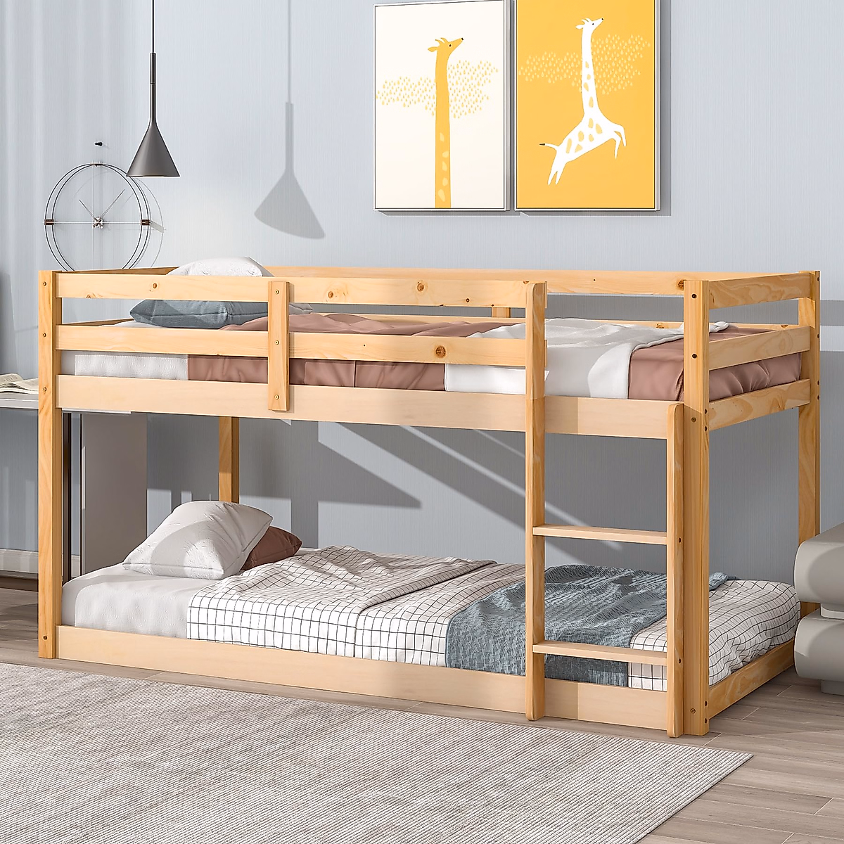 CNANXU Twin Low Bunk Bed,Twin Loft Bed with Ladder for Boys and Girls, Wood Loft Bed Twin Over Twin Bunk Bed Frame with Full Length Guardrail Multifunctional Design,Wooden Slat Support (Natural)