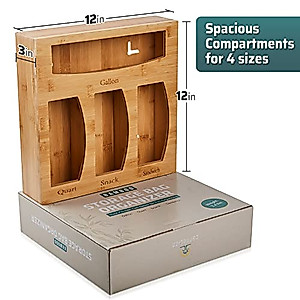 Carnation Brands Bamboo Ziplock Bag Organizer for Drawer - Rustic Brown Dispenser Kitchen Organization Pre-Assembled Baggie Storage to Minimize Clutter 12-''x12-''x3-''