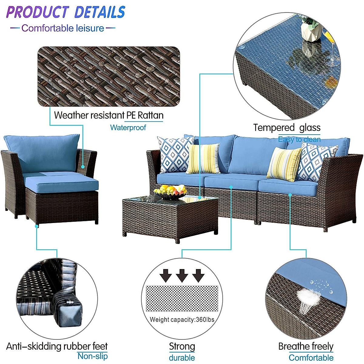 ovios Patio Furniture Set 6 Piece Fully Assembled Outdoor Furniture Conversation Set All Weather High Back Sofa Rattan Wicker Sectional Sofa Set for Yard Deck Porch (Blue)