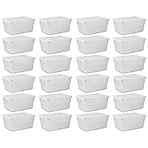 Sterilite 16 Qt Stackable Clear Plastic Storage Bin Tote Container Organizer with Handles & Indented White Lid for Organization and Storage (24 Pack)