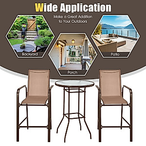 Tangkula 3 Pieces Outdoor Patio Bar Set, Outdoor Bistro Set with 2 Bar Stools and 1 Tempered Glass Bar Table, Bar Height Patio Table and Stools Set for Backyard, Garden, Lawn (Coffee)