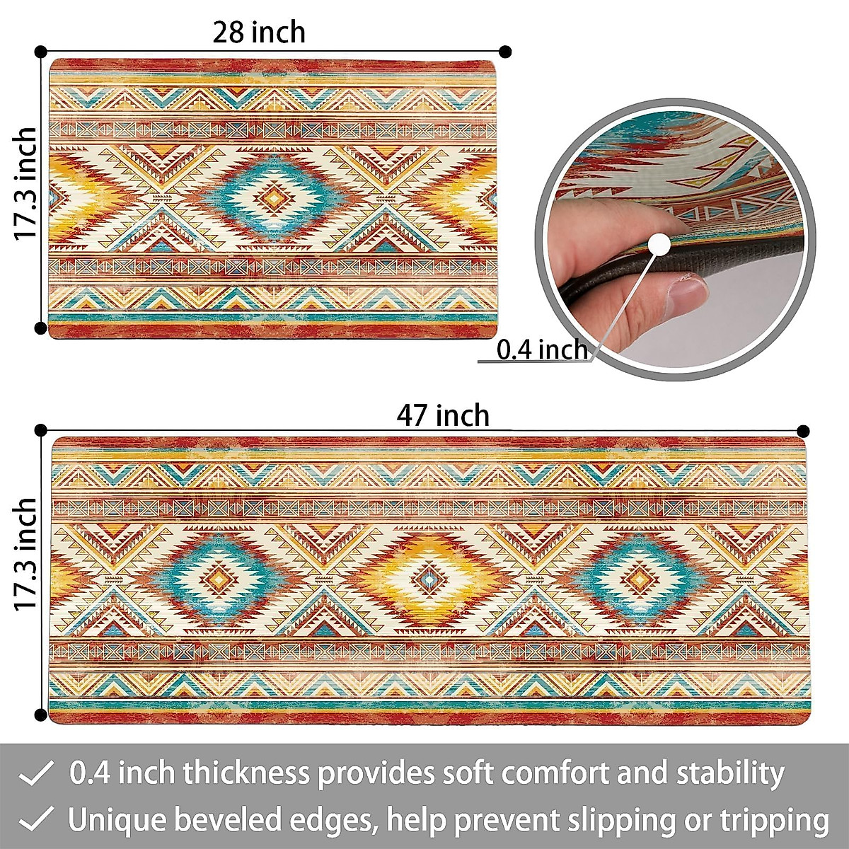 Tritard Kitchen Floor Mat Set of 2 Cushioned Anti Fatigue Western Aztec Kitchen Mats Memory Foam PVC Rubber Rugs Padded Non Slip Waterproof Kitchen Rugs Comfort Kitchen Mats for Standing, Kitchen