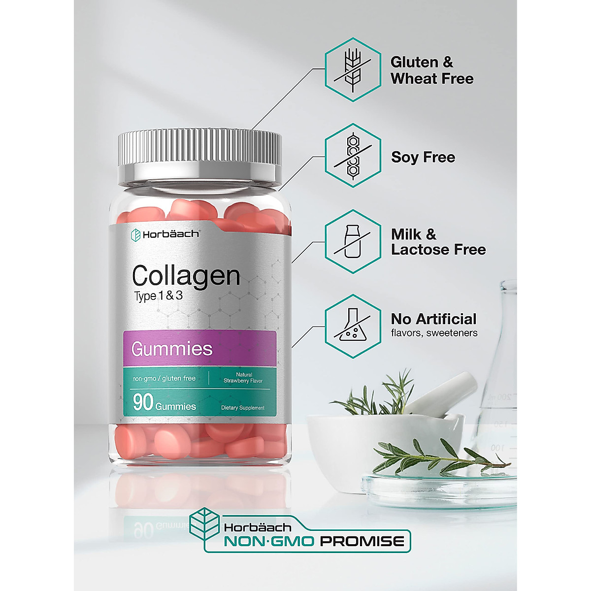 Horbäach Collagen Gummies | 90 Count | Strawberry Flavored Gummy | Hydrolyzed Type 1 and 3 | Non-GMO, Gluten Free