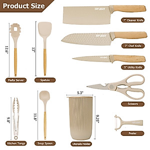 FTNESGYM Kitchen Knife Set, Knife Sets with Block and 4 PCS Kitchen Utensils Set, 10-in-1 Cooking Utensils Set with Knife Set and Utensils Holder, Silicone Spatula Set for Kitchen (Khaki)