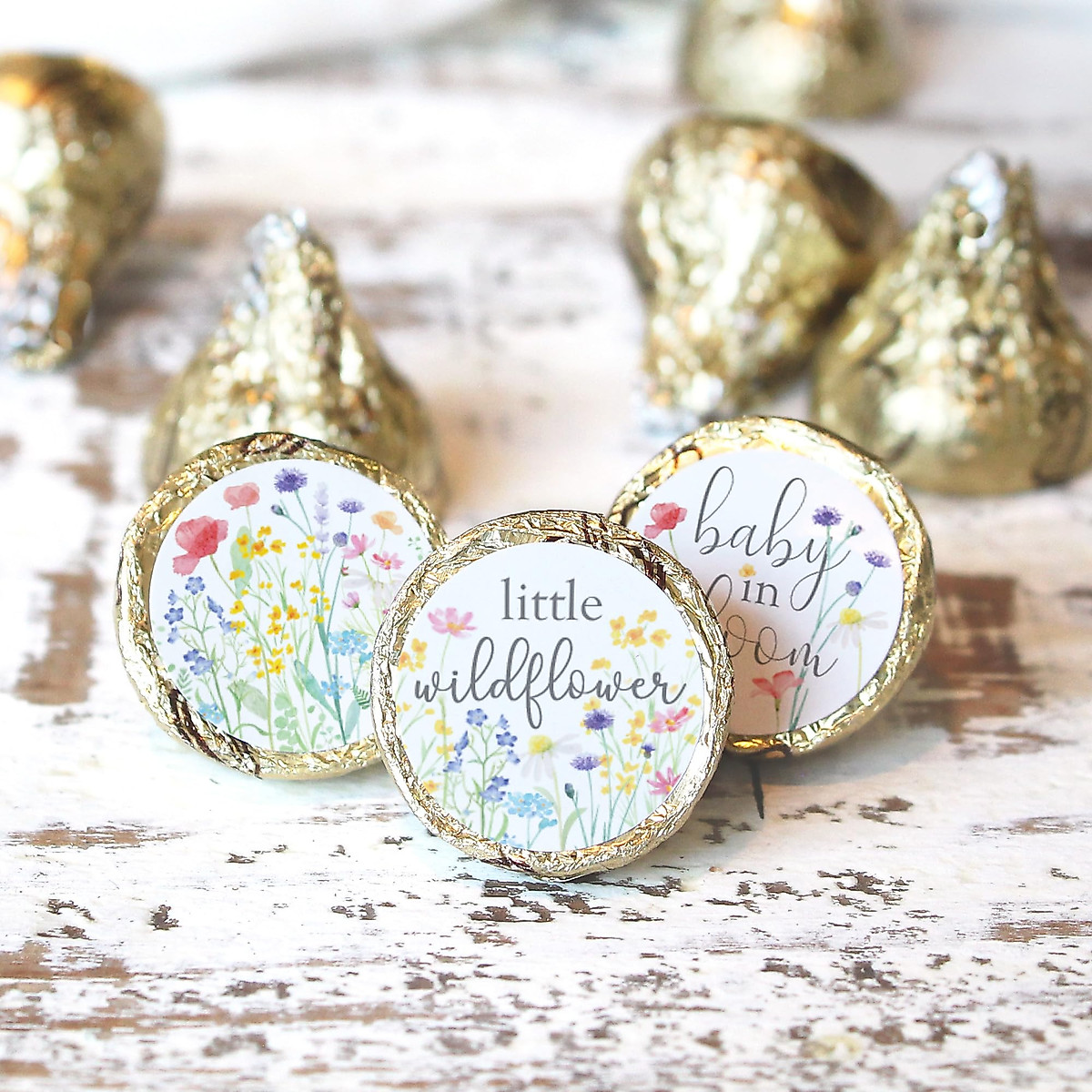 Little Wildflower Baby Shower Chocolate Kisses Candy Stickers, Baby in Bloom Decorations, She's a Wildflower Party Favor Stickers, It's a Girl Spring and Summer - 180 Count
