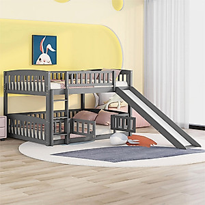 Lepfun Full Over Full Low Bunk Bed with Convertible Slide and Ladder for Kids, Bedroom, Wooden Bedframe w/Fence, Save Space, No Need Spring Box, Gray