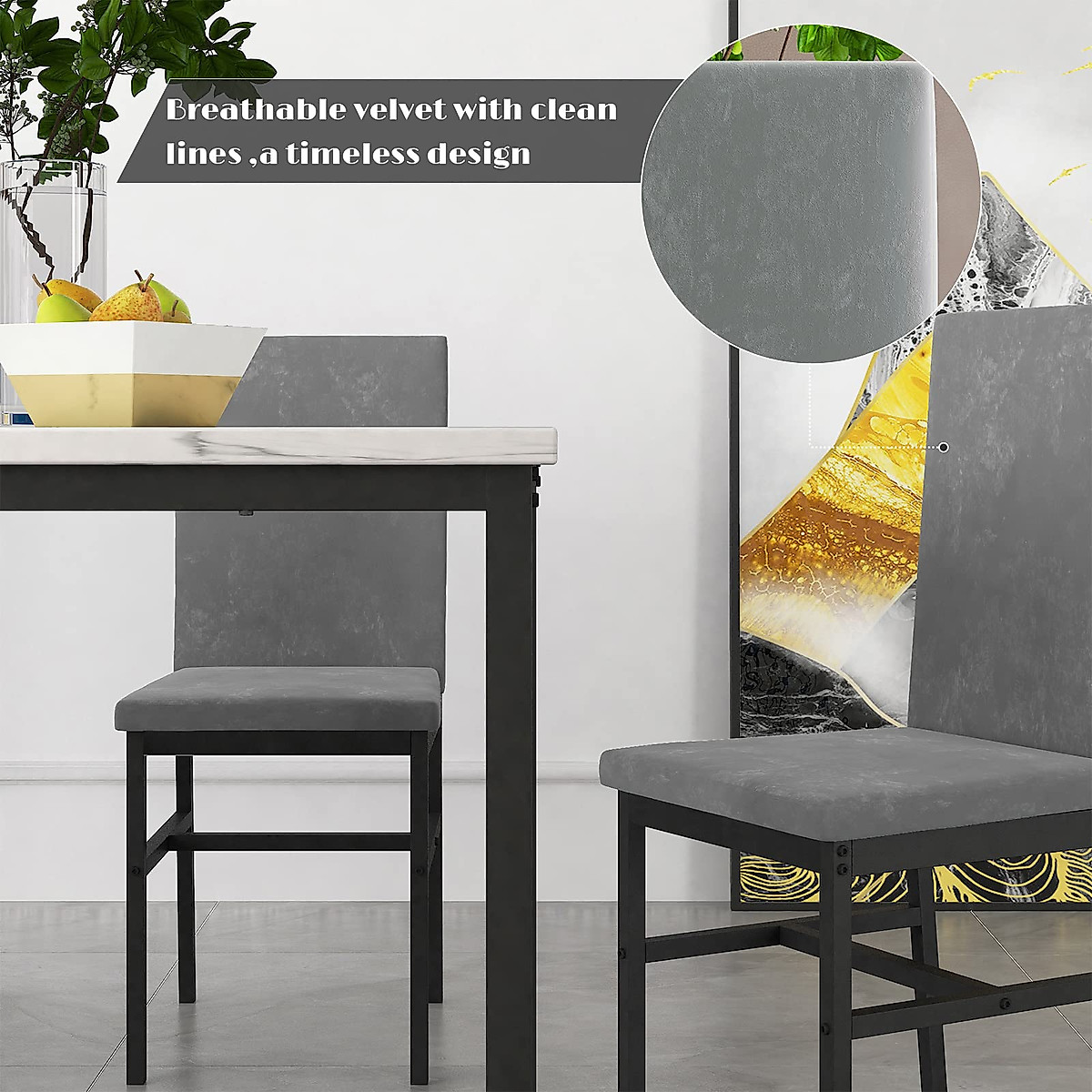YOFE Dining Table Set for 4, Kitchen Table with 4 Chairs,Faux Marble Tabletop & 4 Durable Gray Velvet Chairs for Dining Room,Kitchen, Dinette, Breakfast Nook (Gray+White)