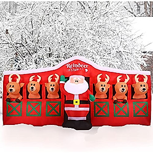 Christmas Time 4-Ft. Inflatable Santa Claus in a Reindeer Stable with LED Lights | Festive Holiday Blow-Up Decorations |Blower, Stakes, Ropes, and Storage Bag Included | CT-RDRSTBLE041-L, Red
