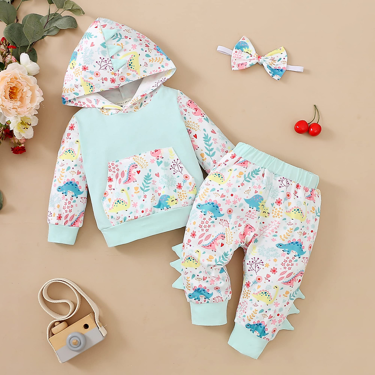 FANTANGPAI Newborn Baby Girl Clothes Infant Girl Outfits Baby Girl Clothing Sets 3Pc (12-18 months,green dino)