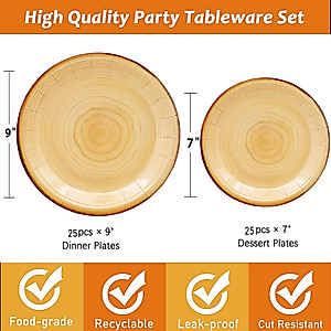 50Pcs Wood Grain Party Supplies Wood Paper Plates Set 9"Rustic Wood Slice Dinner Plates,7"Woodland Plates Camp-Fire Camping Party Supplies Woodland Baby Shower Lumberjack Birthday Party Decorations