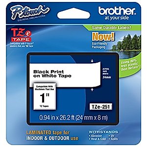 Genuine Brother 1" (24mm) Black on White TZe P-touch Tape for Brother PT-1400, PT1400 Label Maker with FREE TZe Tape Guide Included