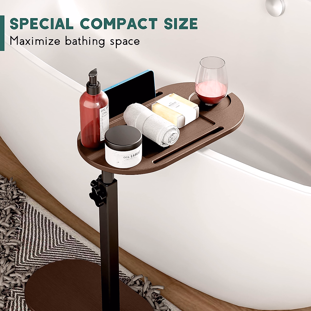 Yumkfoi Bamboo Bathtub Tray Table with Adjustable Height, Freestanding Bath Caddy Side Table for Tub Against Wall, Tub Shelf with Wine Glass Phone Holder, Functional Tray - Patent Protected (Brown)