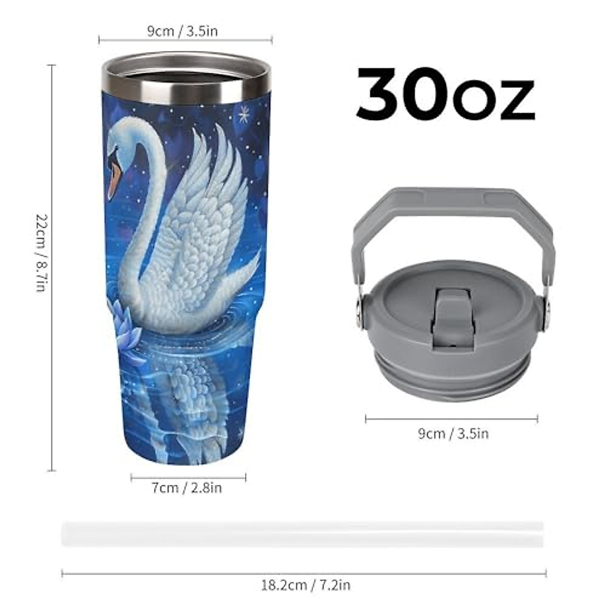 YTLKGFP 30 Oz Large Capacity Car Cup Two White Swans Tumbler with Handle Straw Lid Insulated Stainless Steel Water Bottle Travel Mug Leak-proof Car Cup Keeps Cold Or Hot
