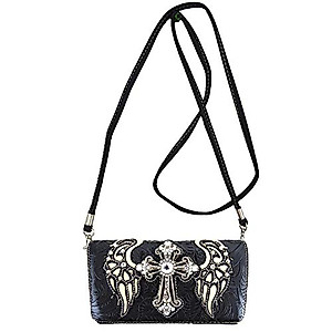 Western Style Cross Laser Cut Wings Purse Concealed Carry Handbags Women Country Shoulder Bag Wallet Set (#4 Black Set)